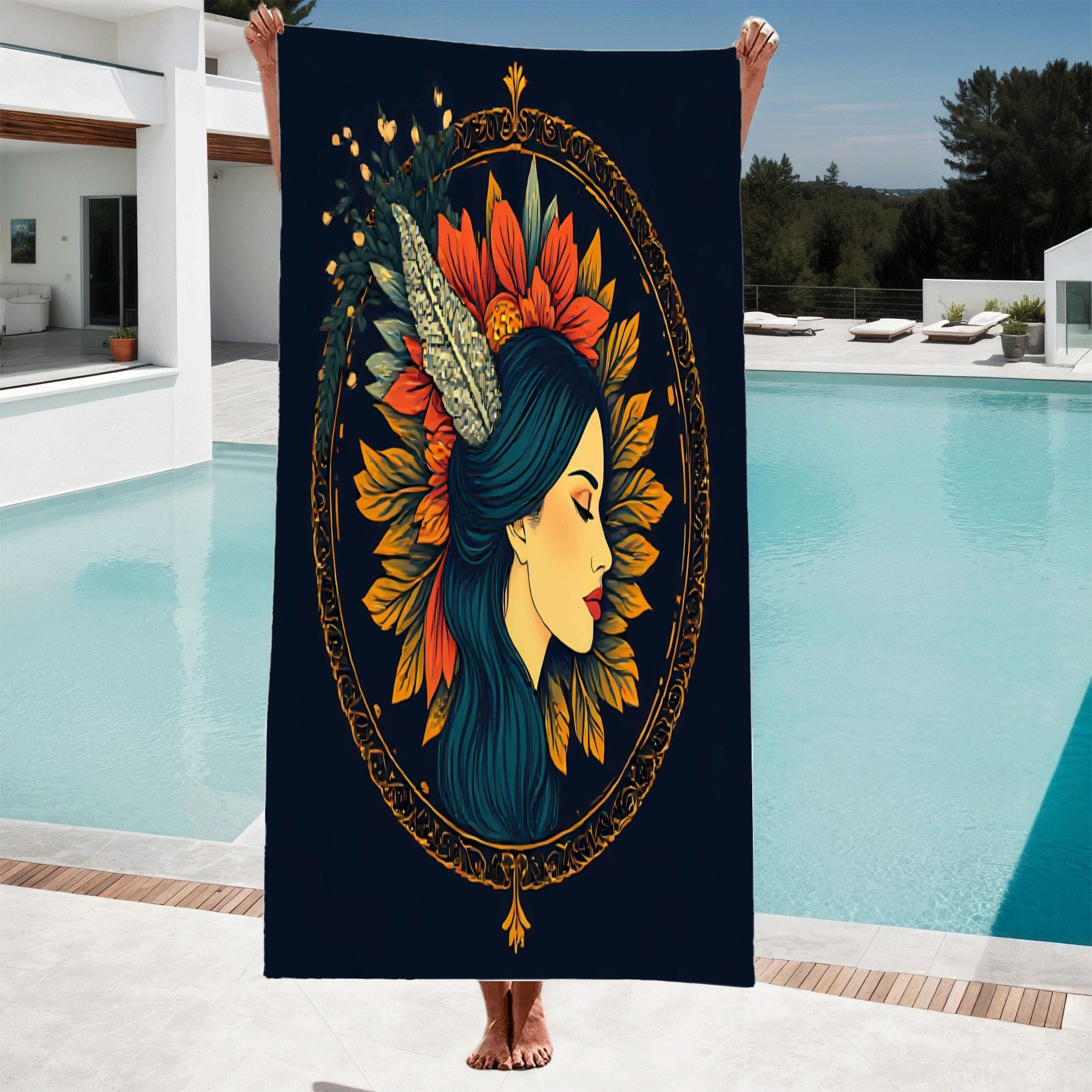 Elegant Floral Design Beach Towel - Vibrant Red & Orange Flowers Navy ...