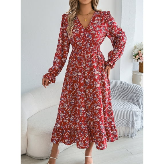 Elegant Floral Dress Woman 2025 Autumn Winter V Neck Long Flared ...