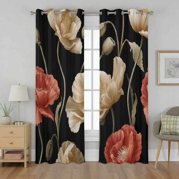Elegant Floral Grommet Curtains Window Treatment, Poppy Flower Curtain ...