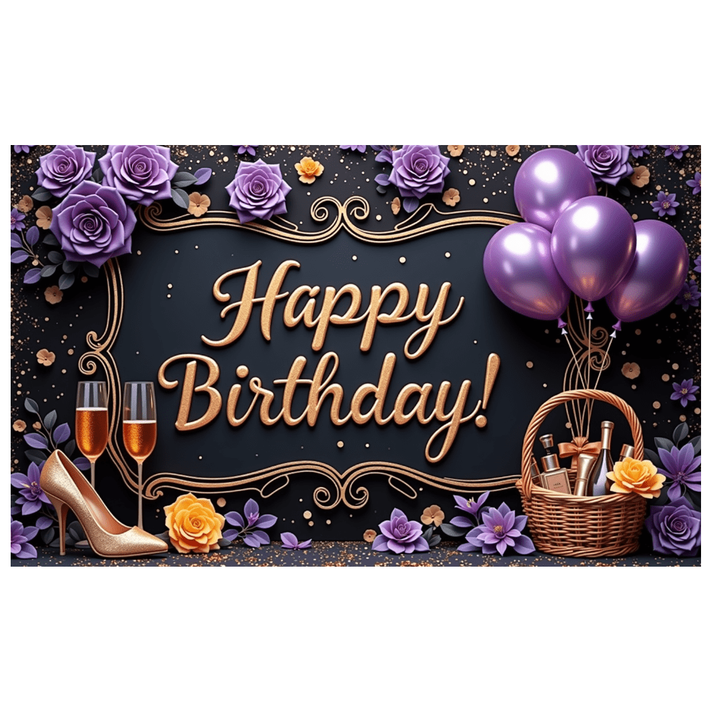 Elegant Floral Happy Birthday Banner Decorative Design Gold Champagne ...