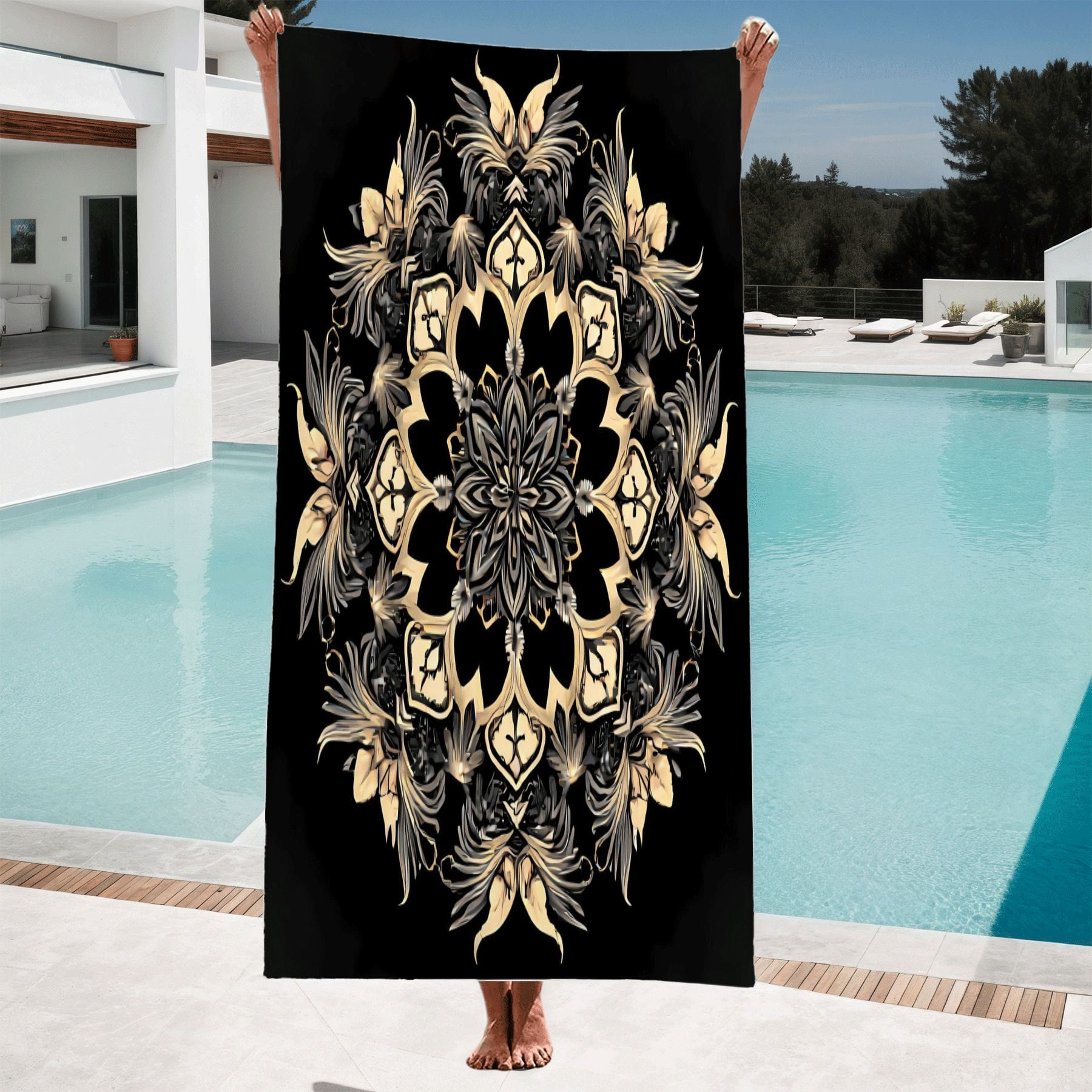 Elegant Floral Mandala Beach Towel - Intricate Gold & Dark Pattern ...