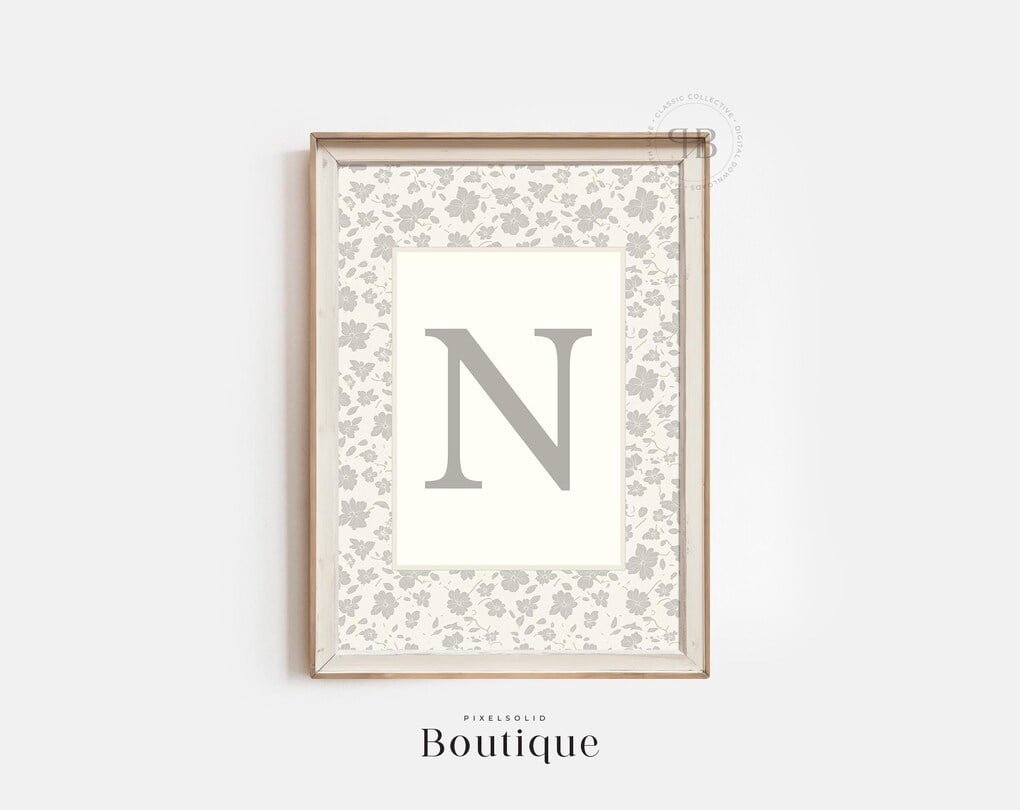 Elegant Floral Monogram Letter N Print, New Baby Gift, Floral Letter ...