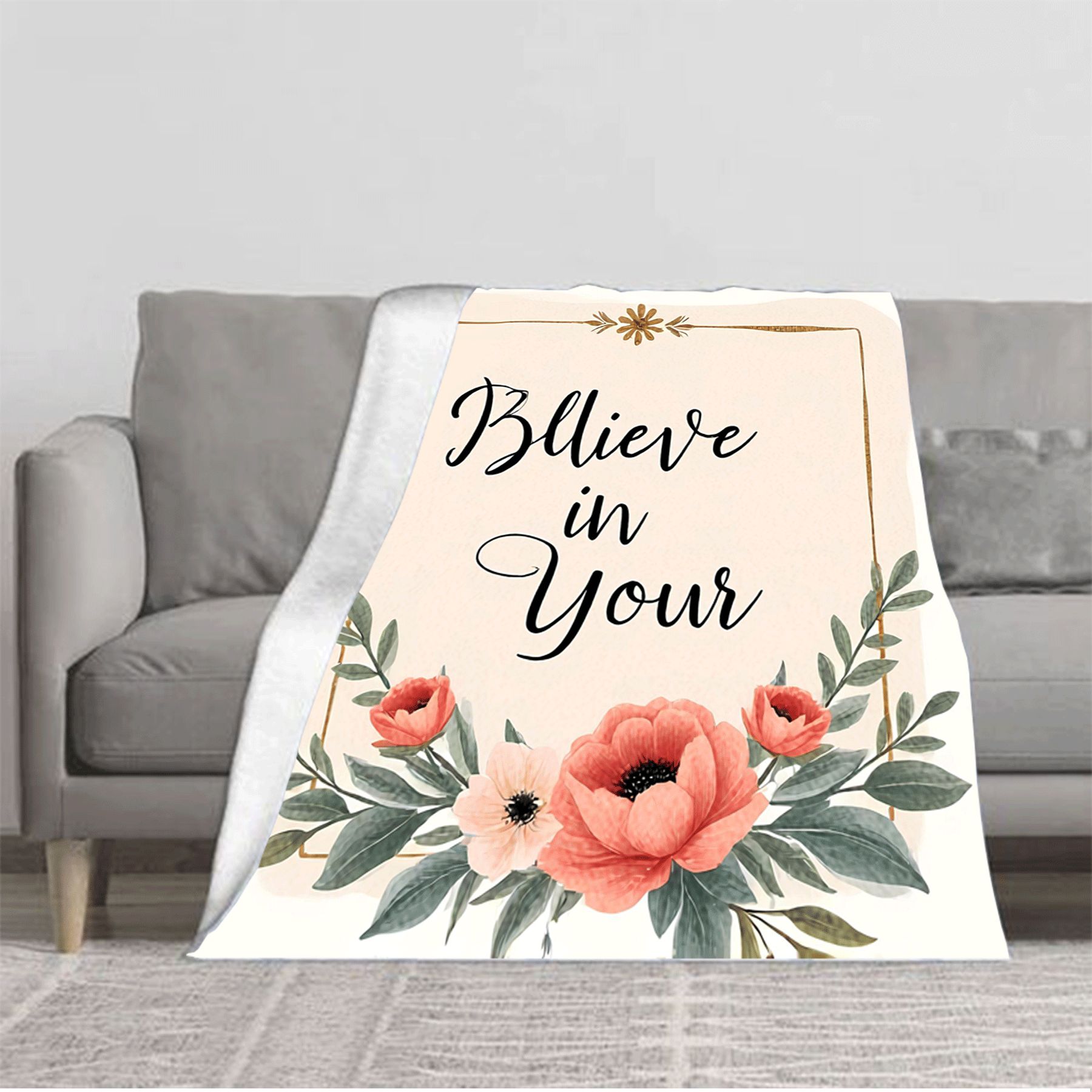 Elegant Floral Motif Soft Flannel Blanket - Cozy Beige Design with Pink ...