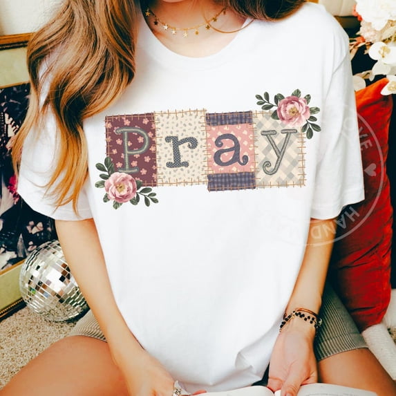 Elegant Floral Patchwork Pray Design T-Shirt for Inspirational Style ...