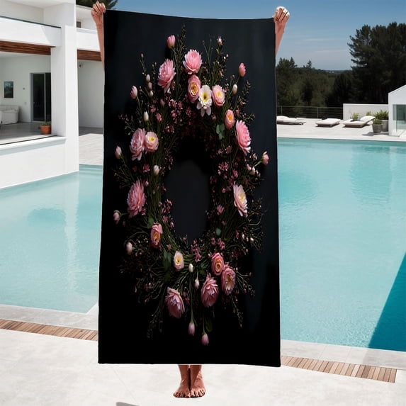 Elegant Floral Pattern Beach Towel - Pink Flowers with Yellow Centers ...