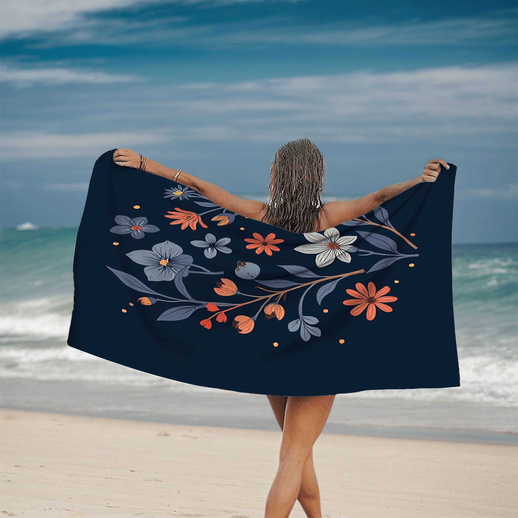 Elegant Floral Pattern Beach Towel - Stylish Blue Orange & Gray Flowers ...