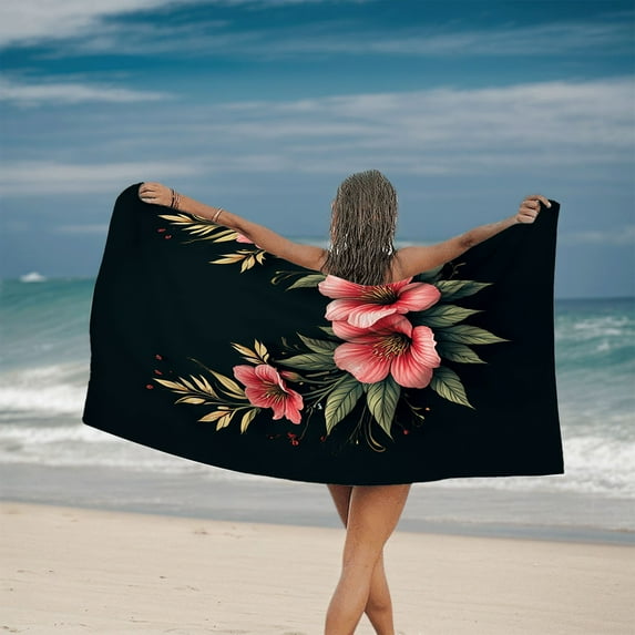 Elegant Floral Pattern Beach Towel - Vibrant Pink Flowers with Green ...