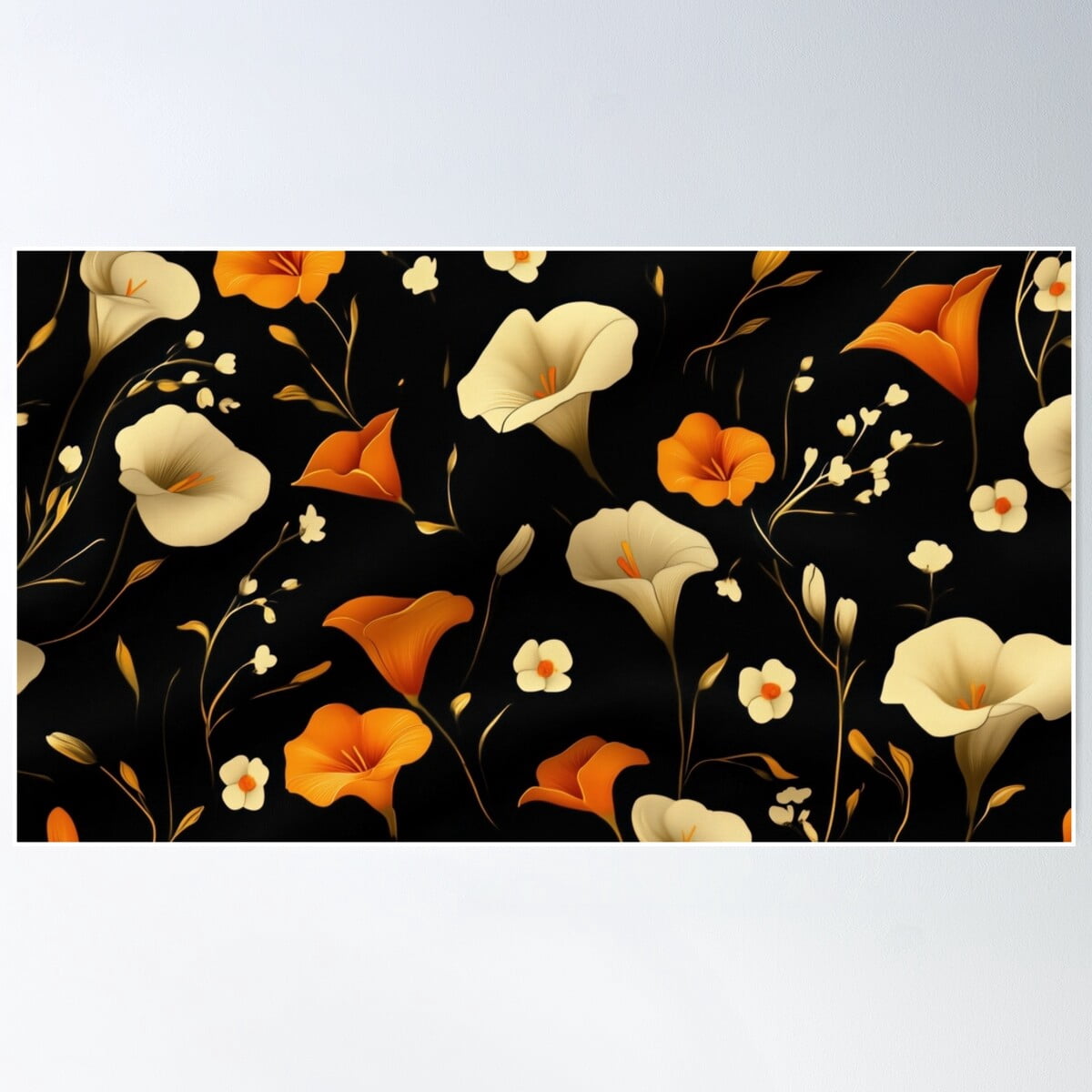 Elegant Floral Pattern With Golden And Orange Blooms On A Black ...