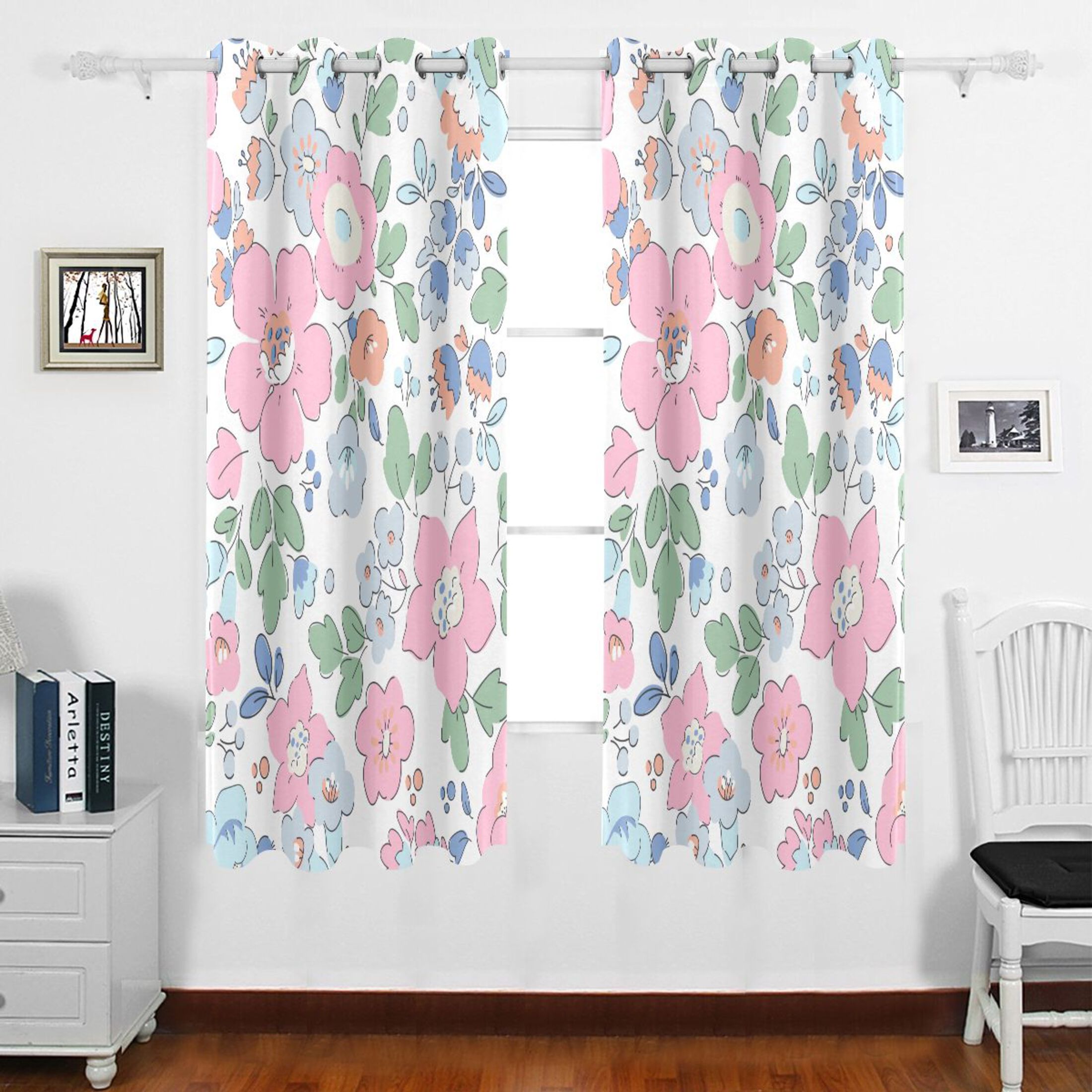 Elegant Floral Pink Flowers Grommet Blackout Curtains Thermal Insulated Window Curtain Sets for ...