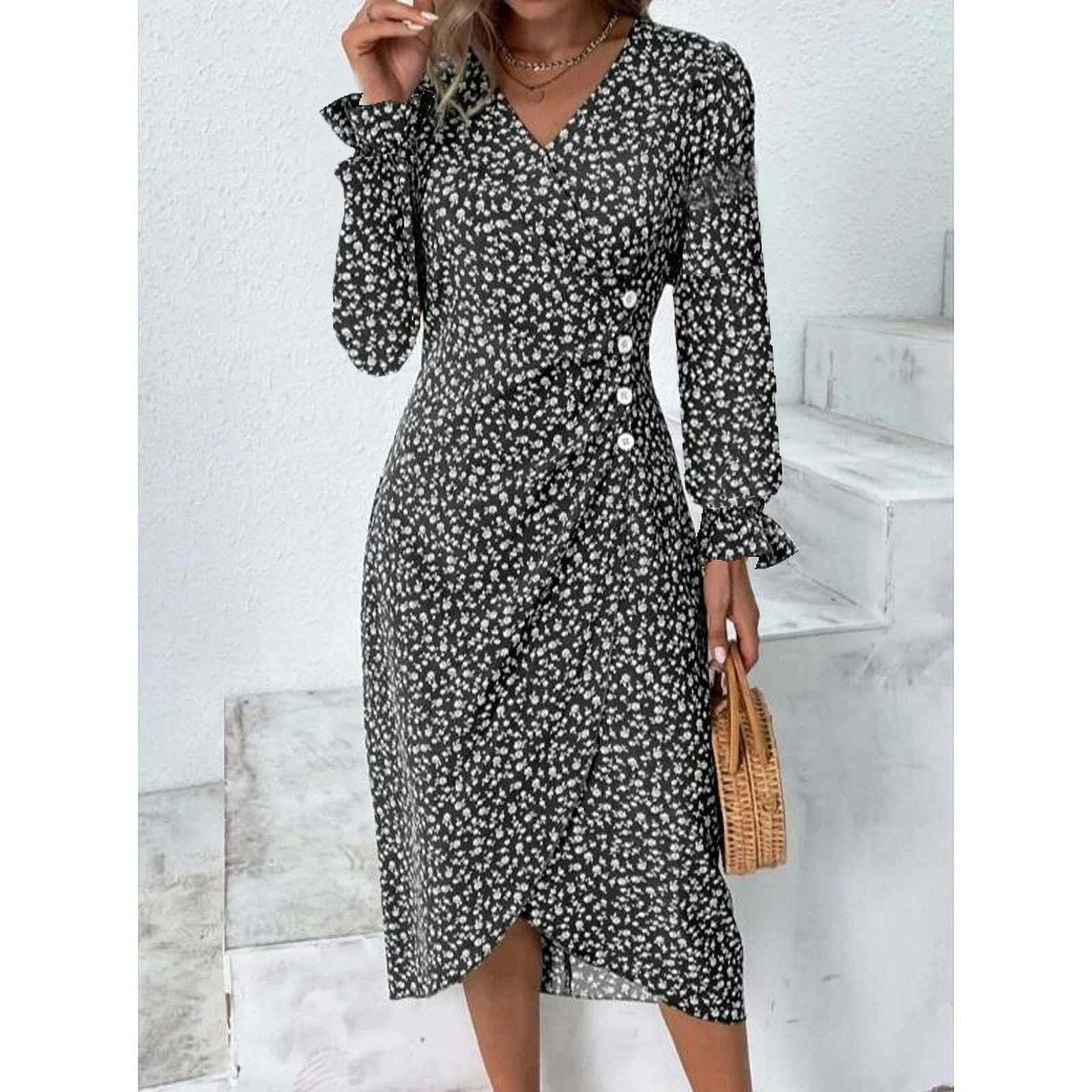 Elegant Floral Pleated H shaped Midi Dress Female V Neck Puff Sleeve ...