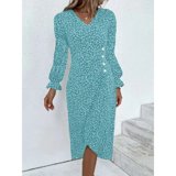 Elegant Floral Pleated H shaped Midi Dress Female V Neck Puff Sleeve ...