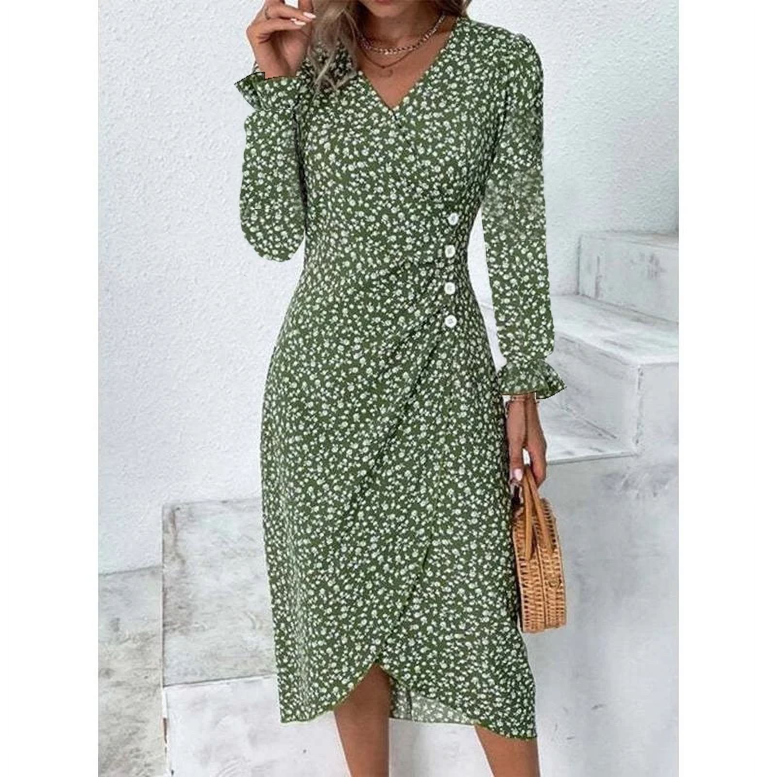 Elegant Floral Pleated H shaped Midi Dress Female V Neck Puff Sleeve ...
