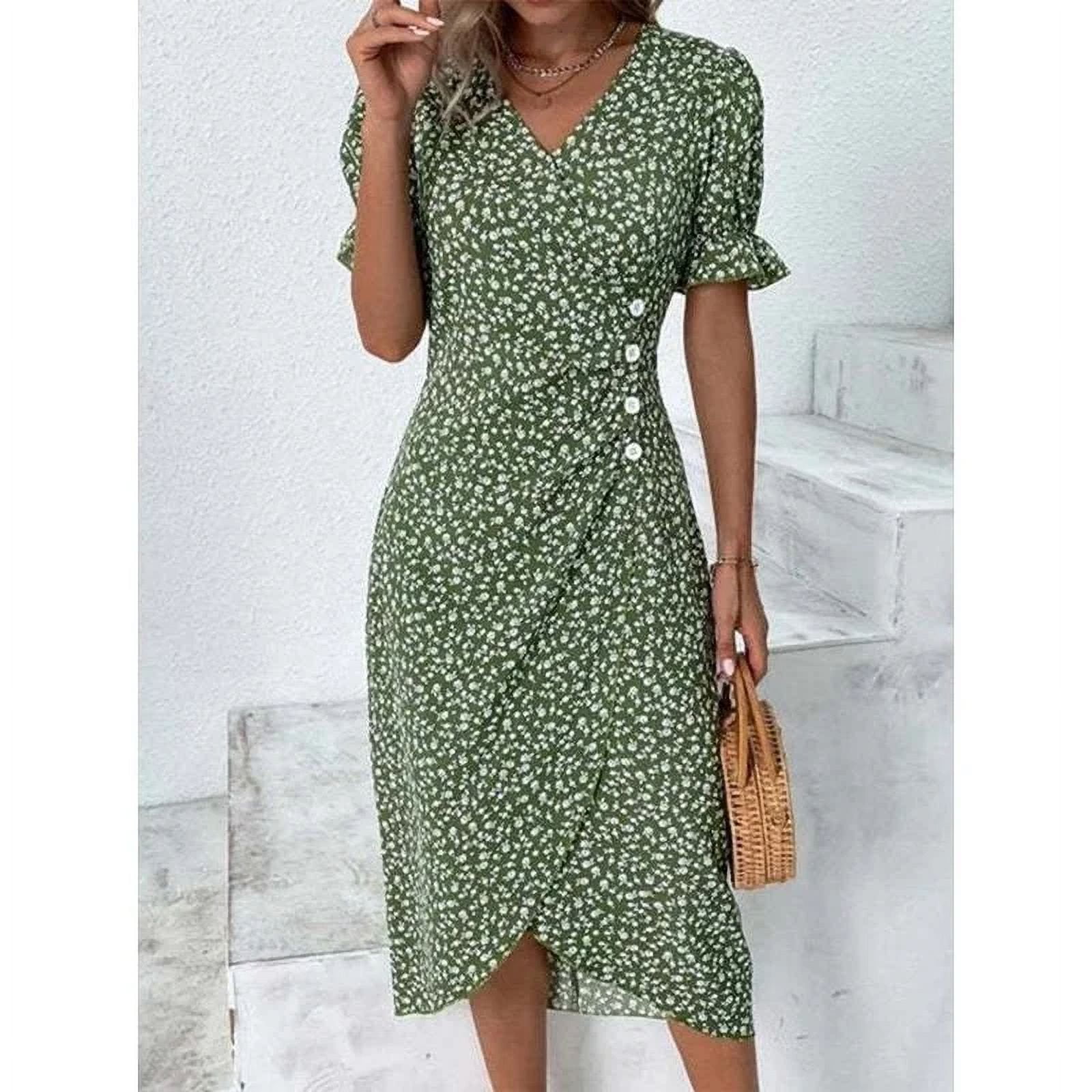 Elegant Floral Pleated H shaped Midi Dress Female V Neck Puff Sleeve ...