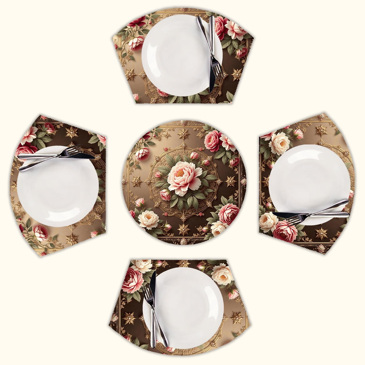 Elegant Floral Print Pattern Round Table Placemats Set Of 5 Wedge Table Mats Washable Heat ...