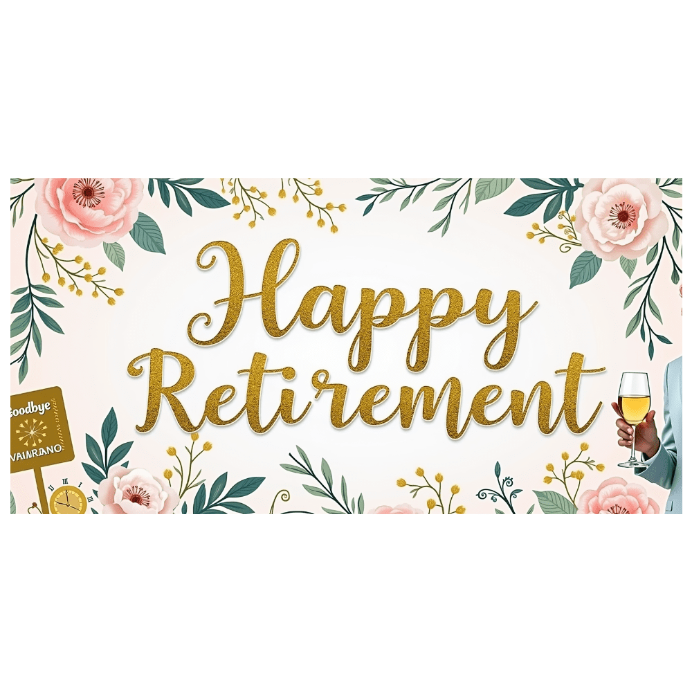 Elegant Floral Retirement Party Banner Gold Script Decoration for ...