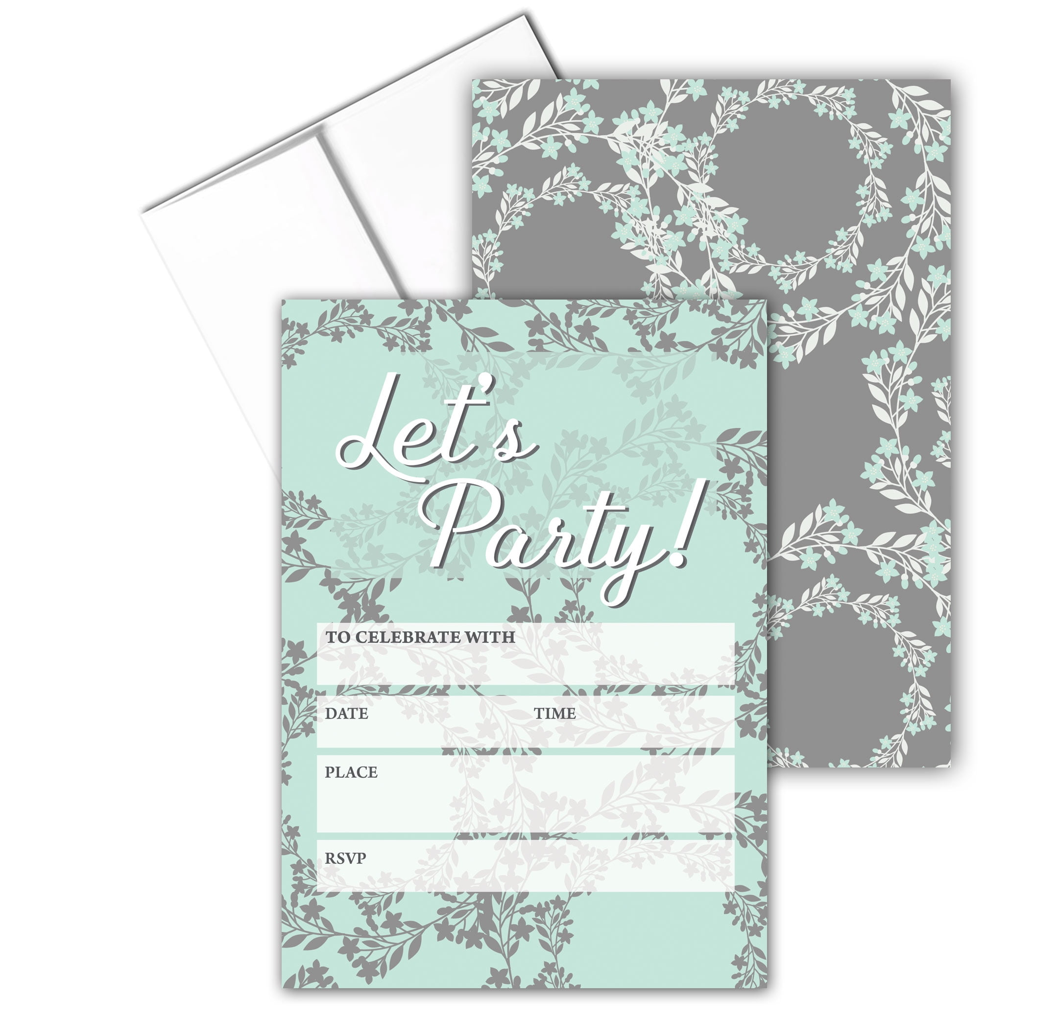 Elegant Floral Seafoam Color Party Invitations With Envelopes - 25 ...