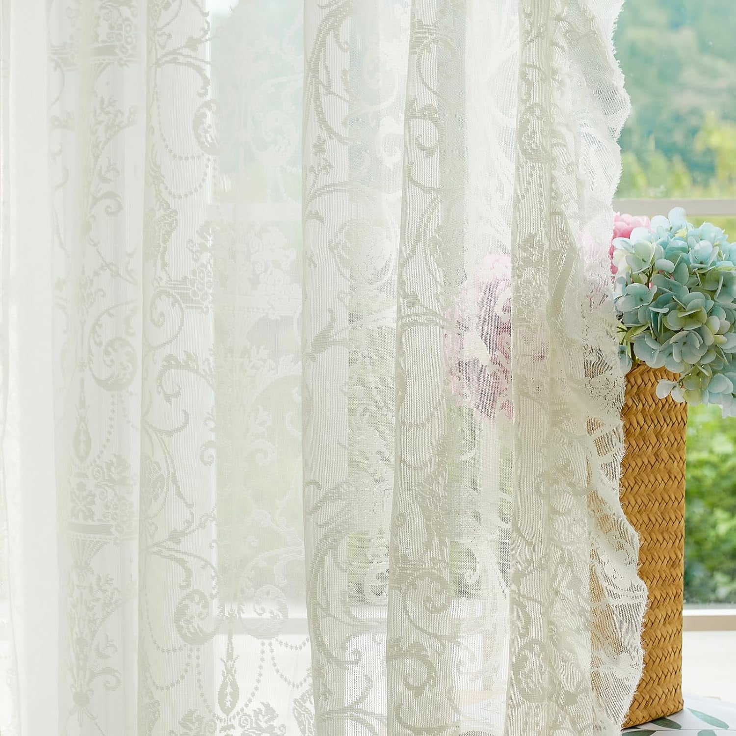 Elegant Floral Sheer Curtains 72 Inch Length - Lace Ruffle Curtains 2 ...