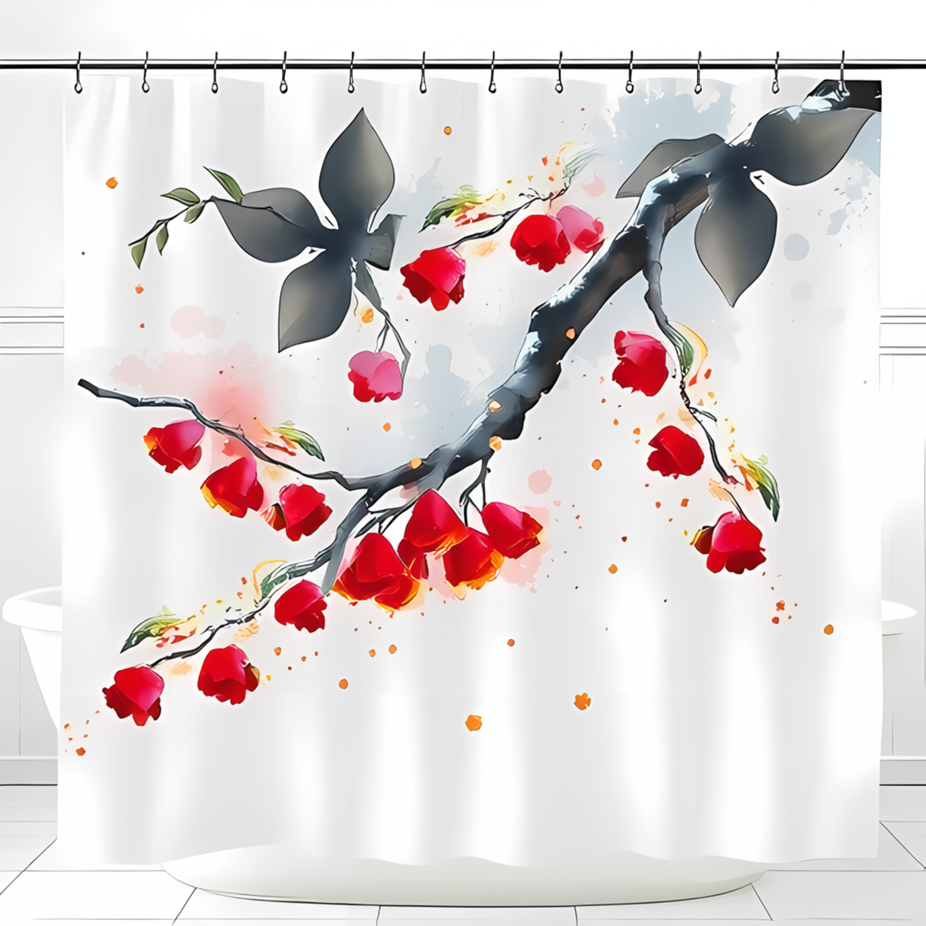 Elegant Floral Shower Curtain with Vibrant Red Flowering Branch Design ...