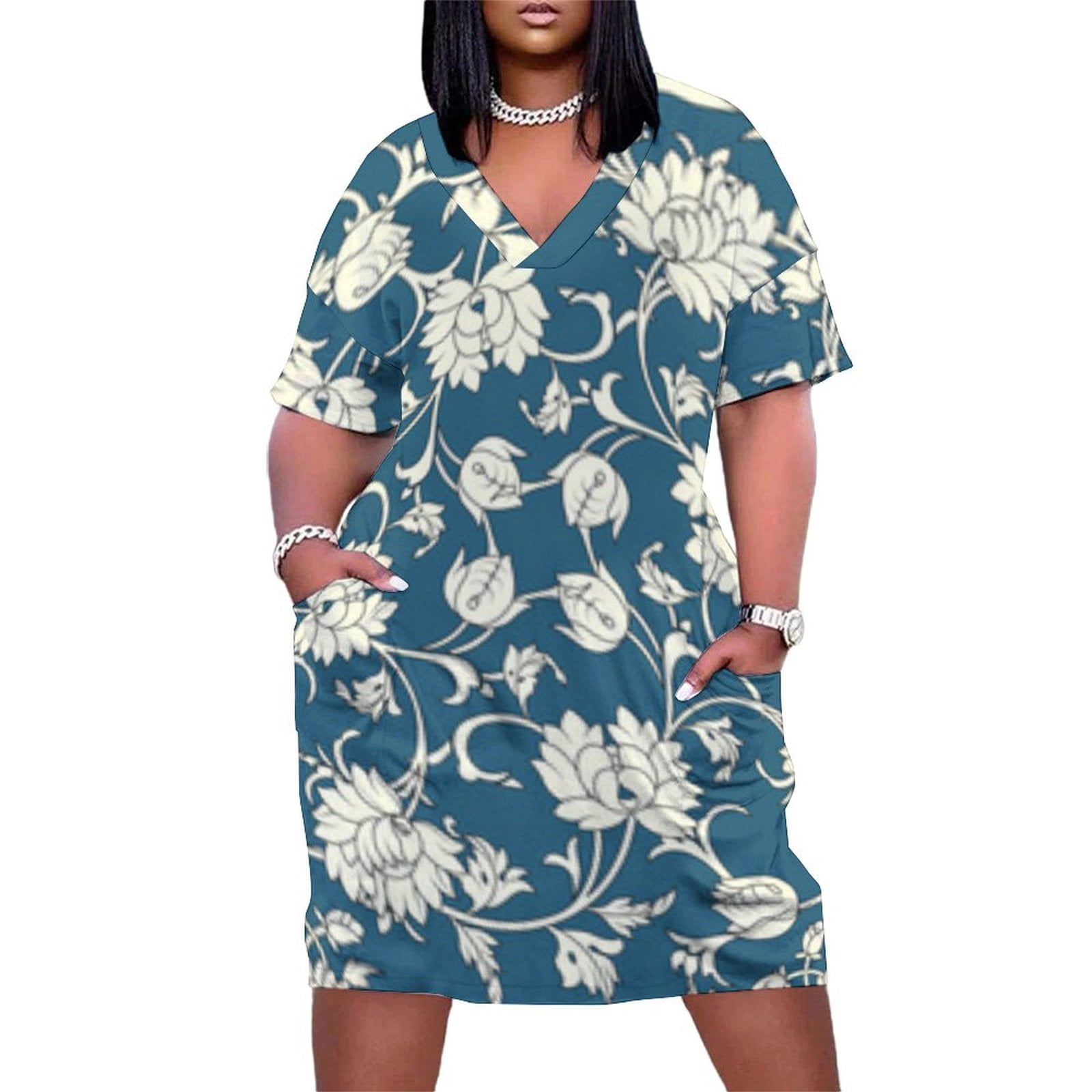 Elegant Floral Teal Design Pattern Summer Sundress for Curve Women ...