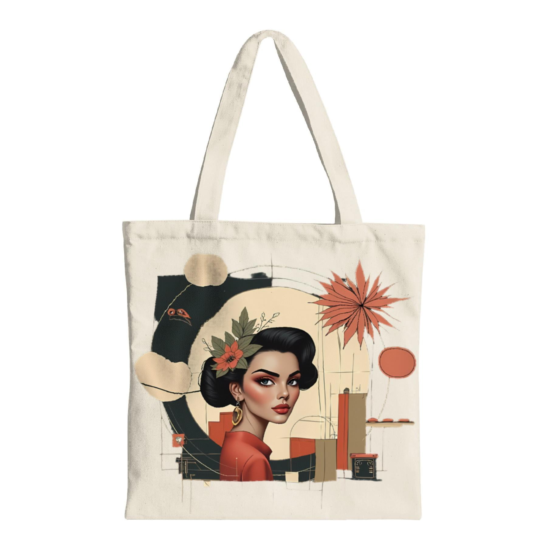 Elegant Floral Updo Woman Tote Bag - Artistic Canvas Bag with Geometric ...