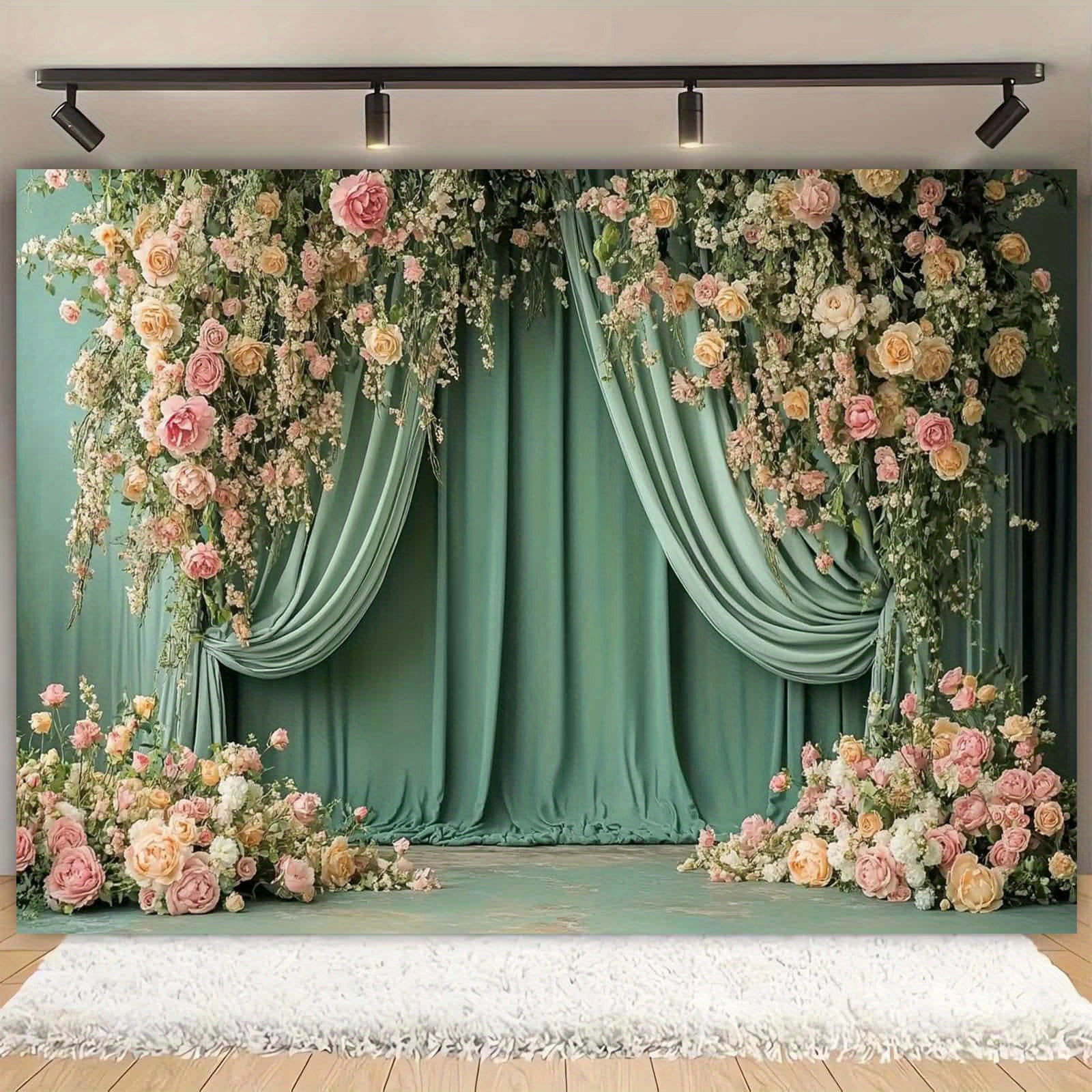 Elegant Floral Wedding Backdrop Green Curtain Romantic Pink White Peach ...