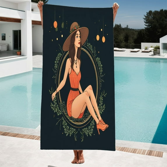 Elegant Floral Wide - Brimmed Hat Design Beach Towel - Perfect for Pool ...