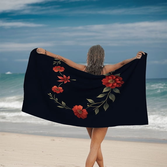 Elegant Floral Wreath Beach Towel - Red Flowers & Green Leaves Design ...