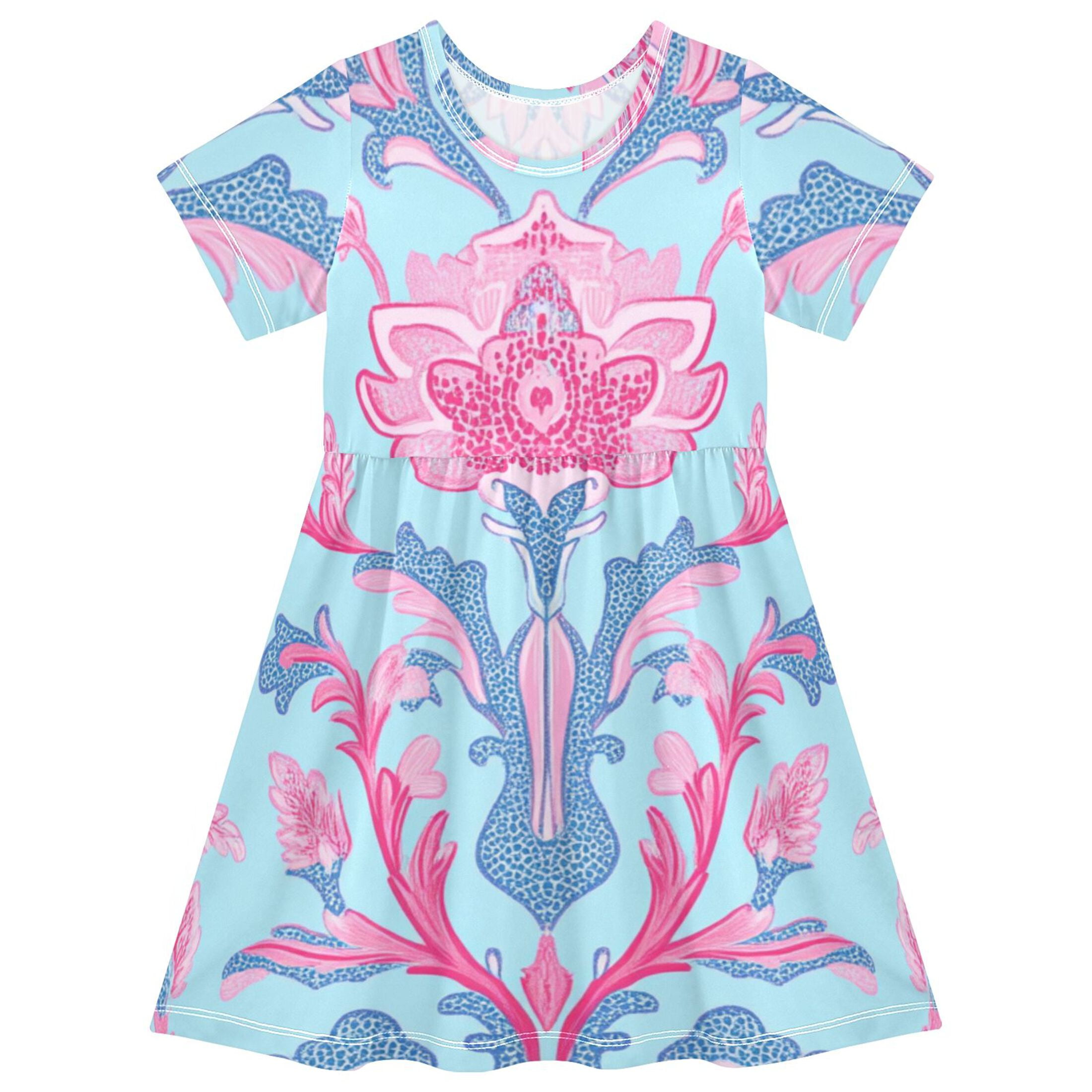 Elegant Flower Pattern in Pink and Blue Girls' Short Sleeve Dress A ...