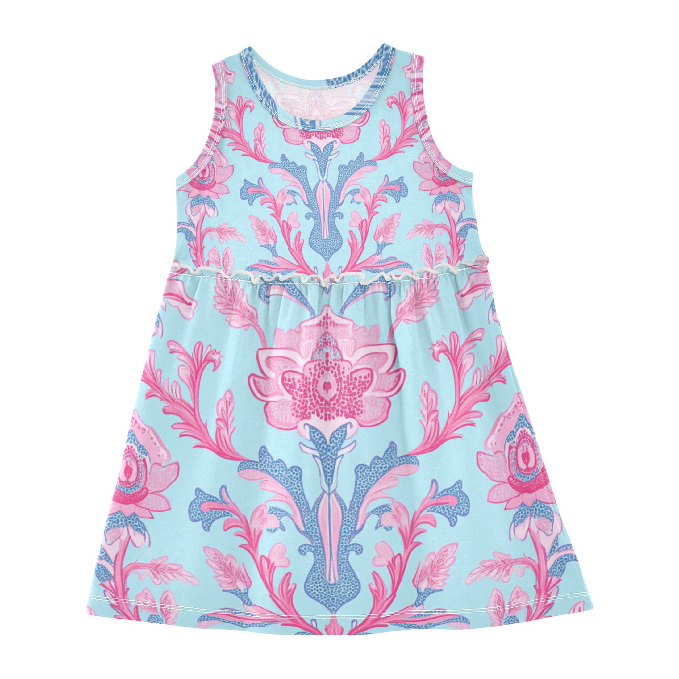Elegant Flower Pattern in Pink and Blue Sleeveless Dress A-Line One ...
