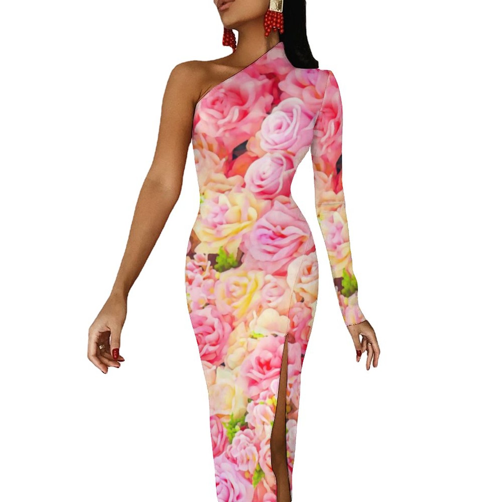 Elegant Flower Print Maxi Dress Long Sleeve Yellow Daffodil Bodycon Dress Autumn Party Long ...