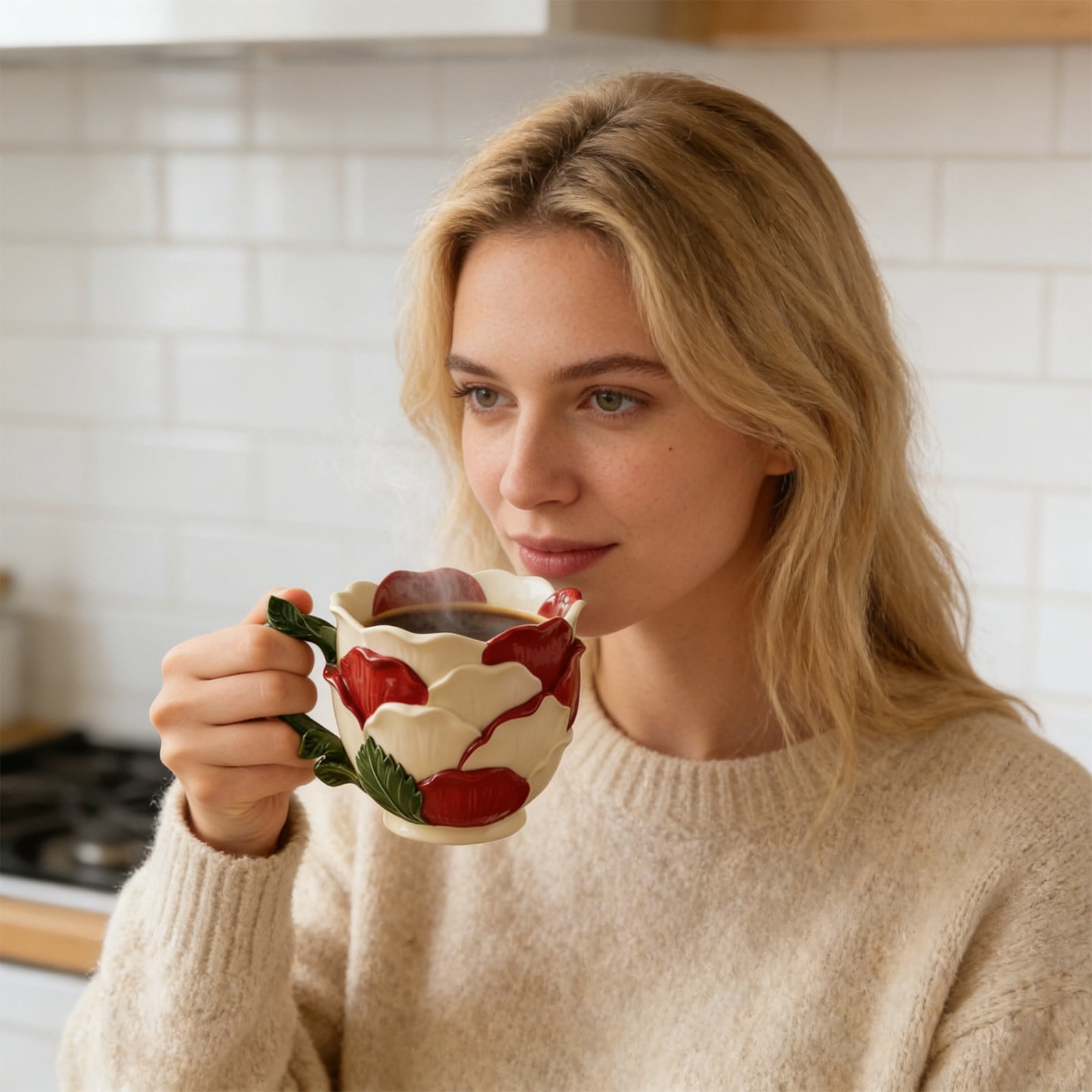 Elegant Flower Shaped Ceramic Mug, Creative Floral Pattern Drinkware ...