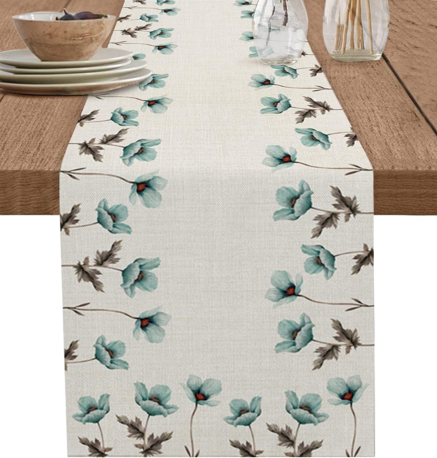 Elegant Flower Table Runner 72 Inches Long Cotton Linen Kitchen Dinner ...