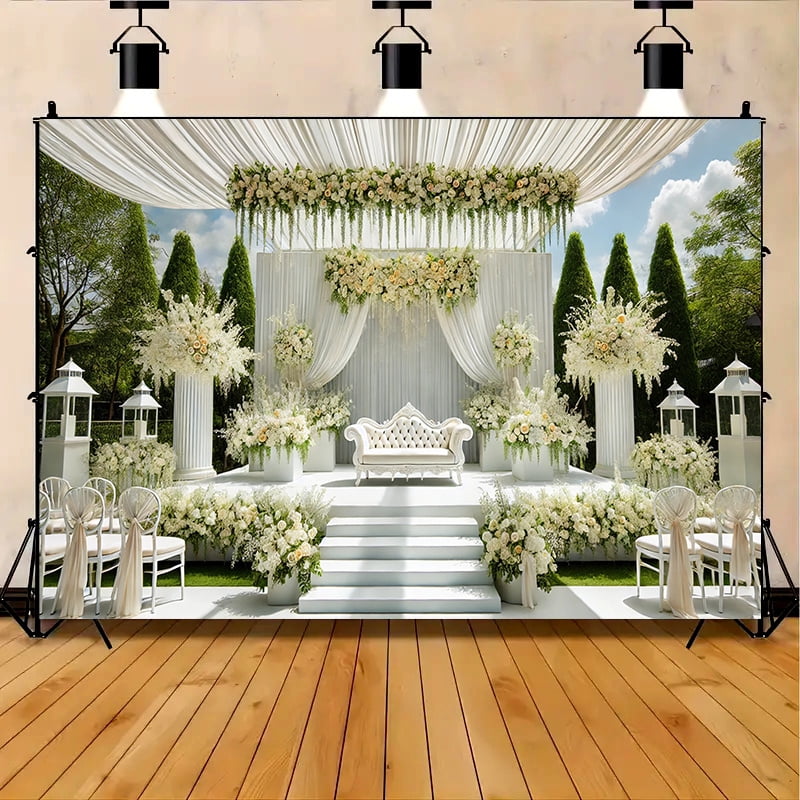 Elegant Flower Wedding Stage Backdrop Floral Grass White Sheer Curtain ...