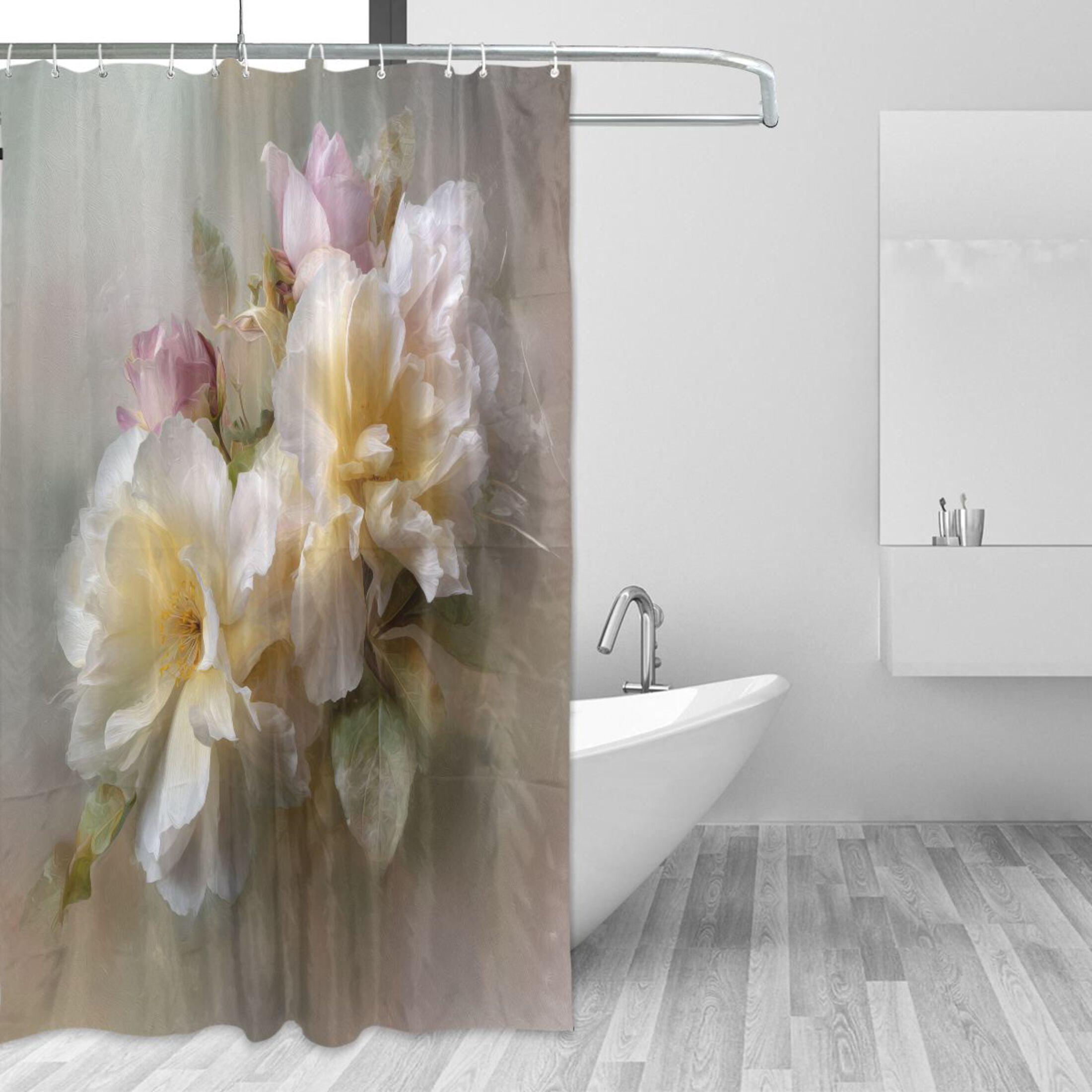 Elegant Flower in White and Pink Shower Curtains with 12 Hooks ...