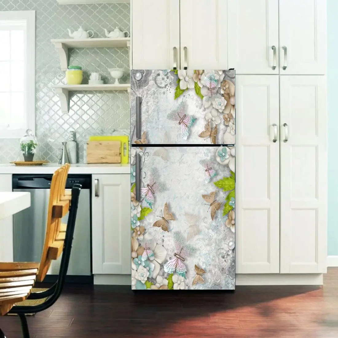 Elegant Flowers Butterfly Refrigerator Stickers Romantic Floral Fridge ...
