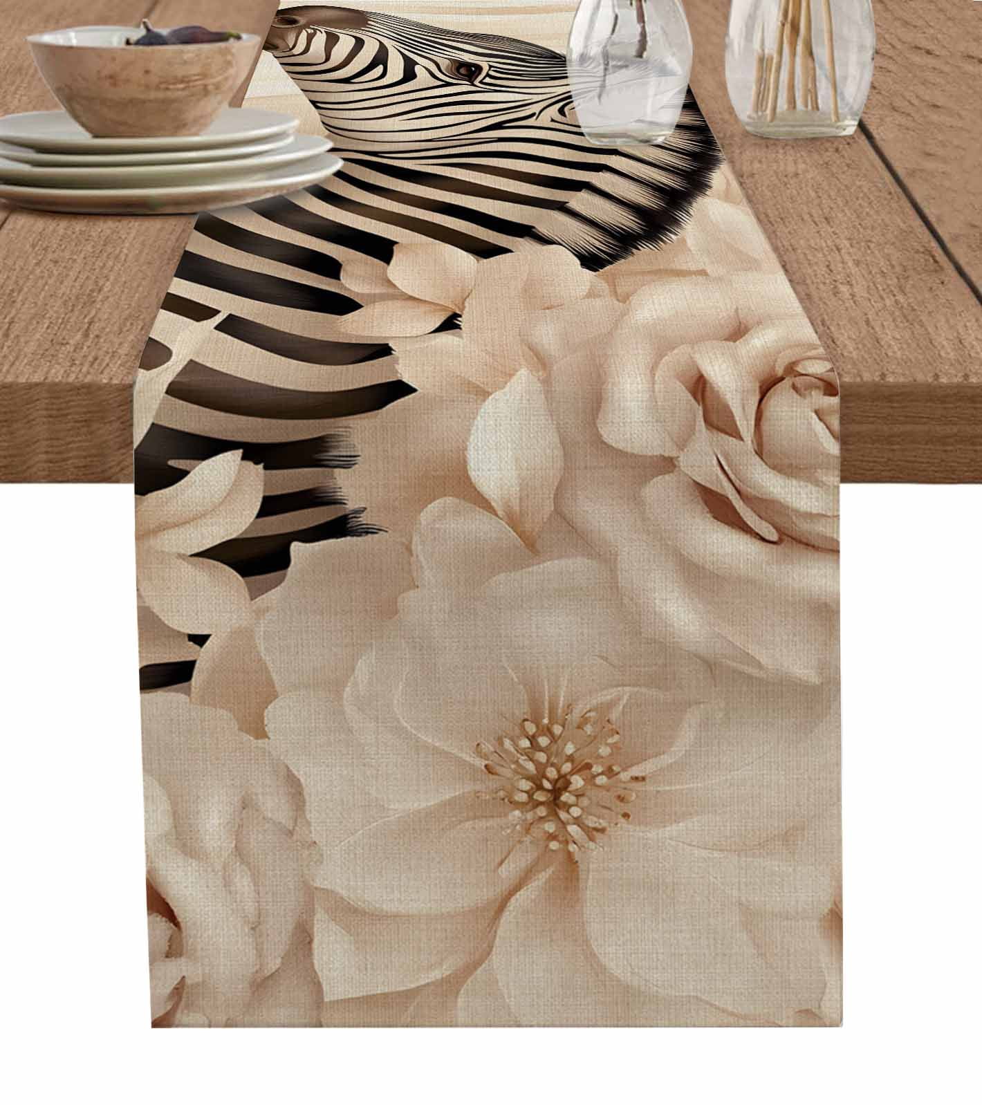 Elegant Flowers Table Runner 36 Inches, Botanical Zebra Pattern Plant ...