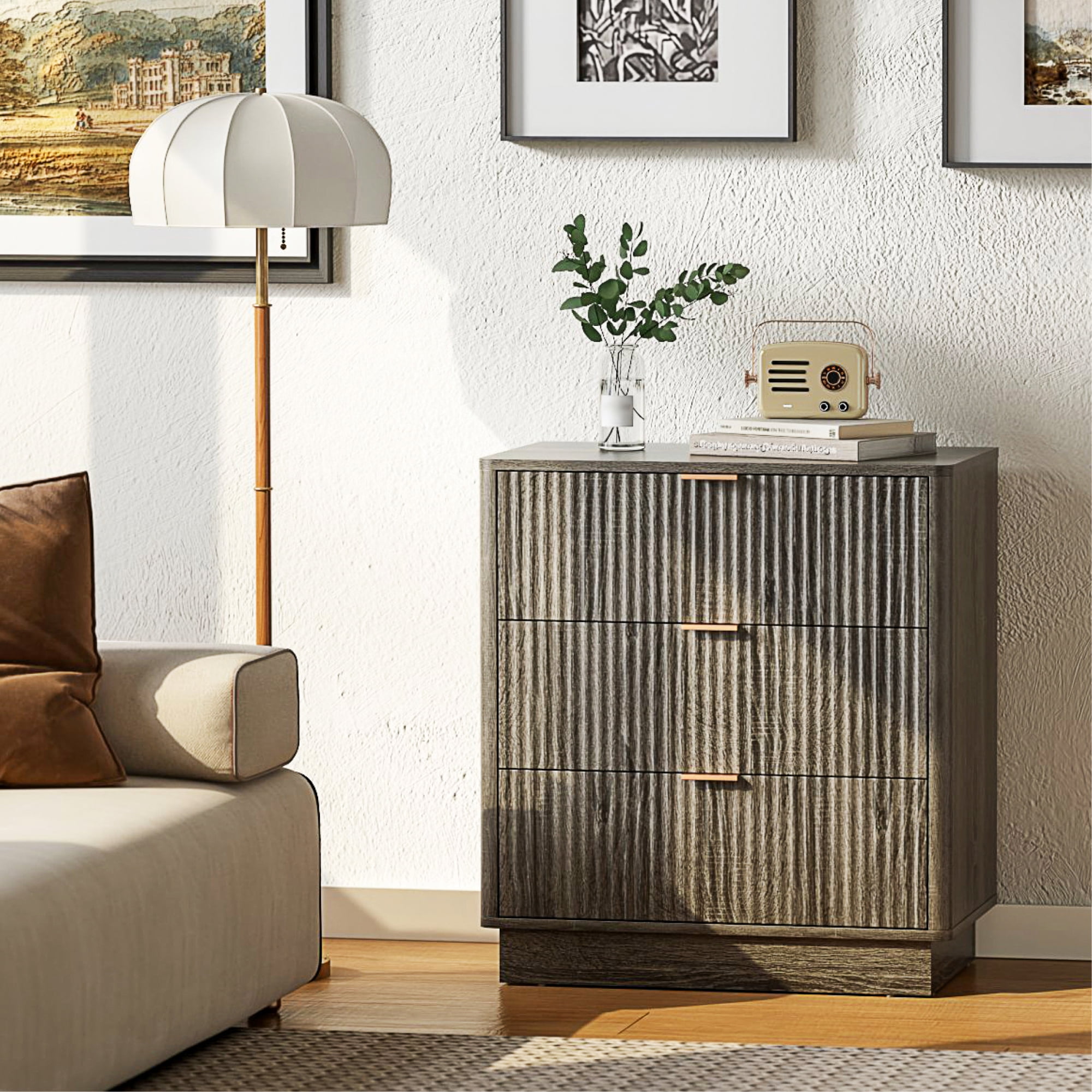 Elegant Fluted 3 Drawer Dresser, Wood Dressers with Round Edge Design ...