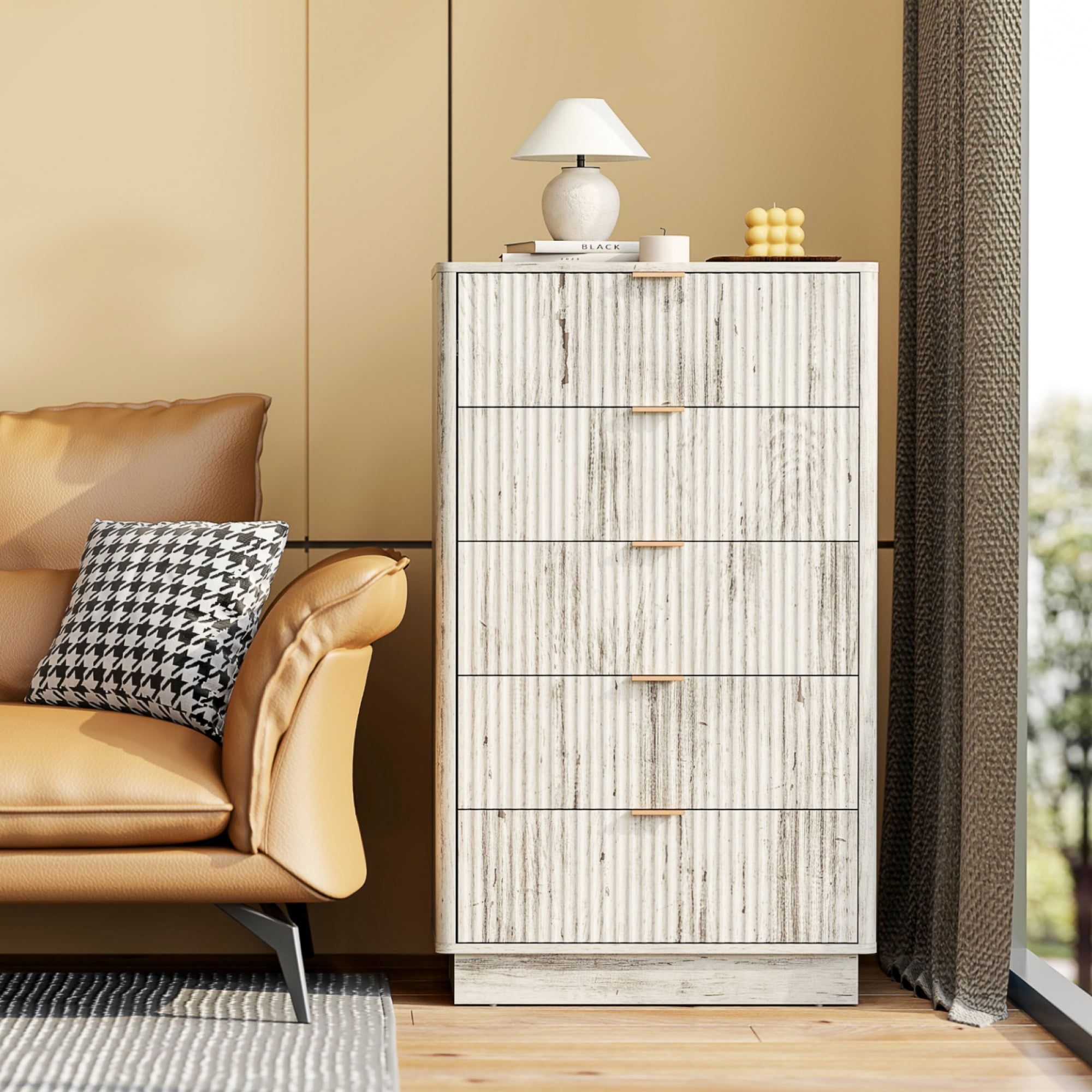 Elegant Fluted 5 Drawer Dresser, Wood Dressers with Round Edge Design ...