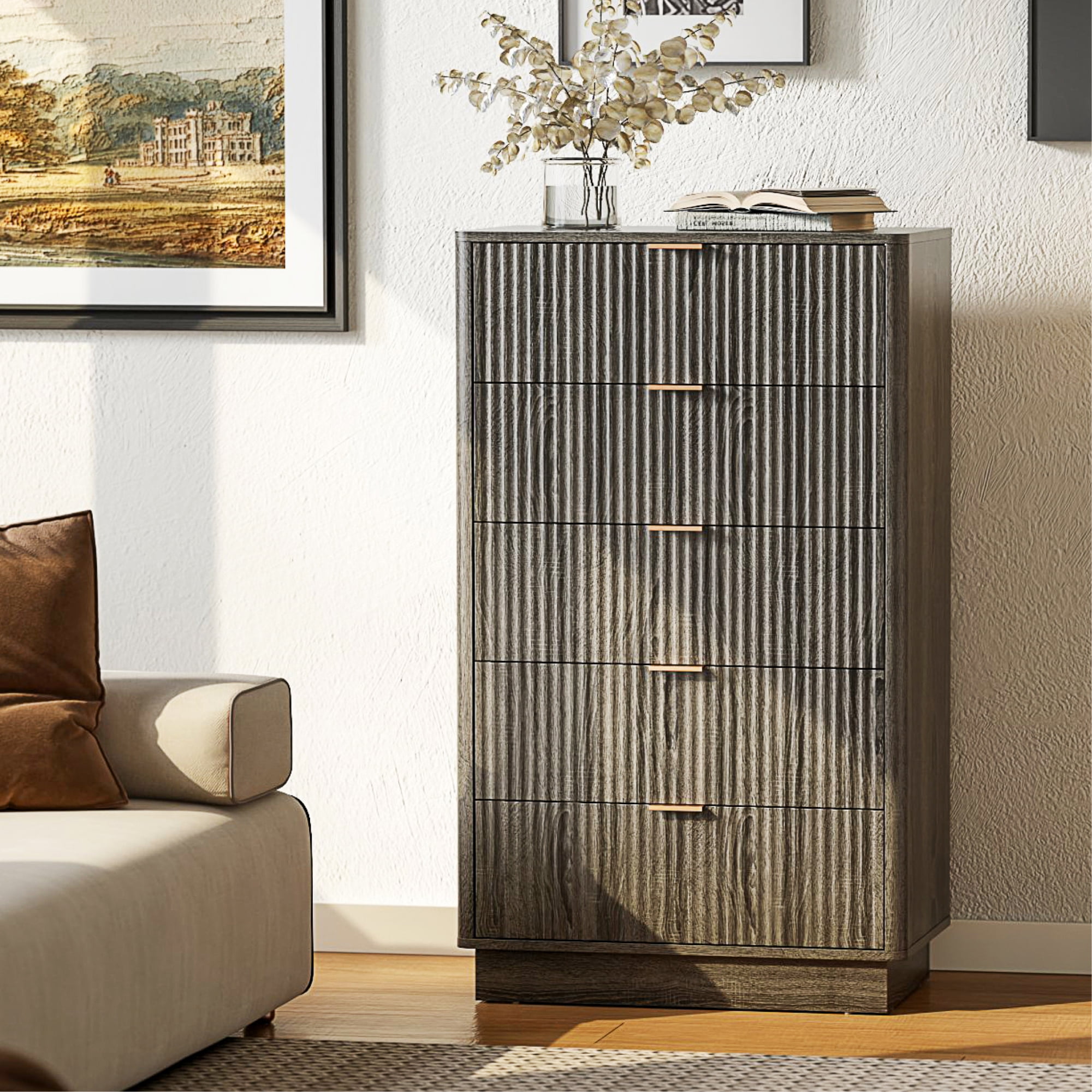 Elegant Fluted 5 Drawer Dresser, Wood Dressers with Round Edge Design ...