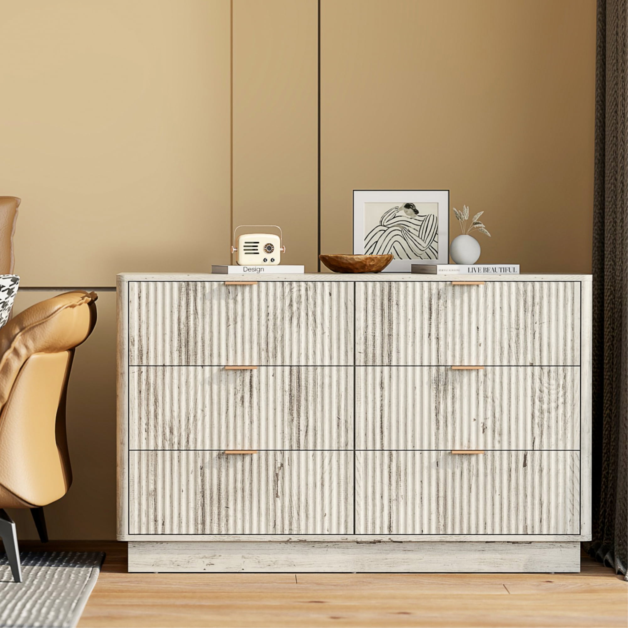 Elegant Fluted 6 Drawer Dresser, Wood Dressers with Round Edge Design ...