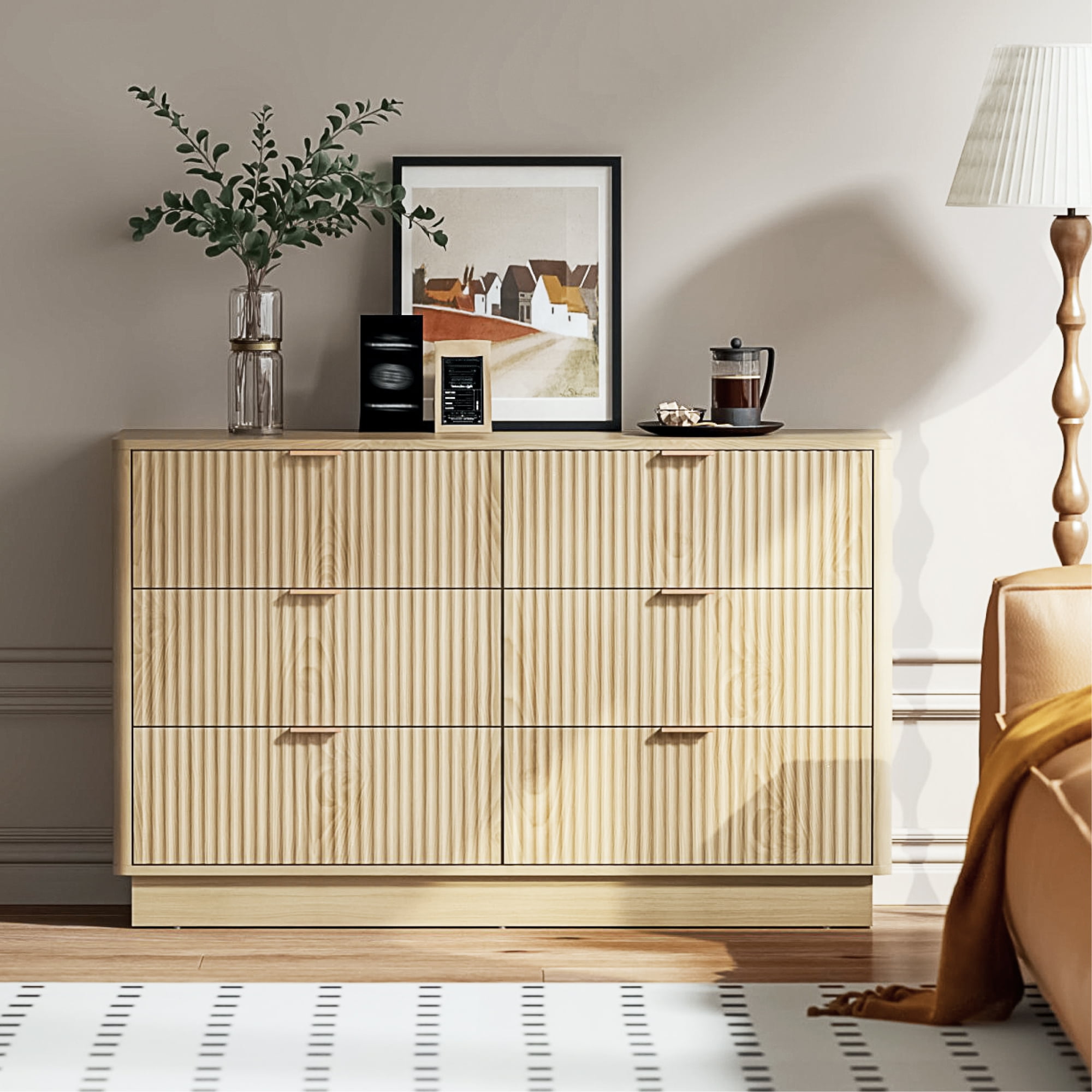 Elegant Fluted 6 Drawer Dresser, Wood Dressers with Round Edge Design ...
