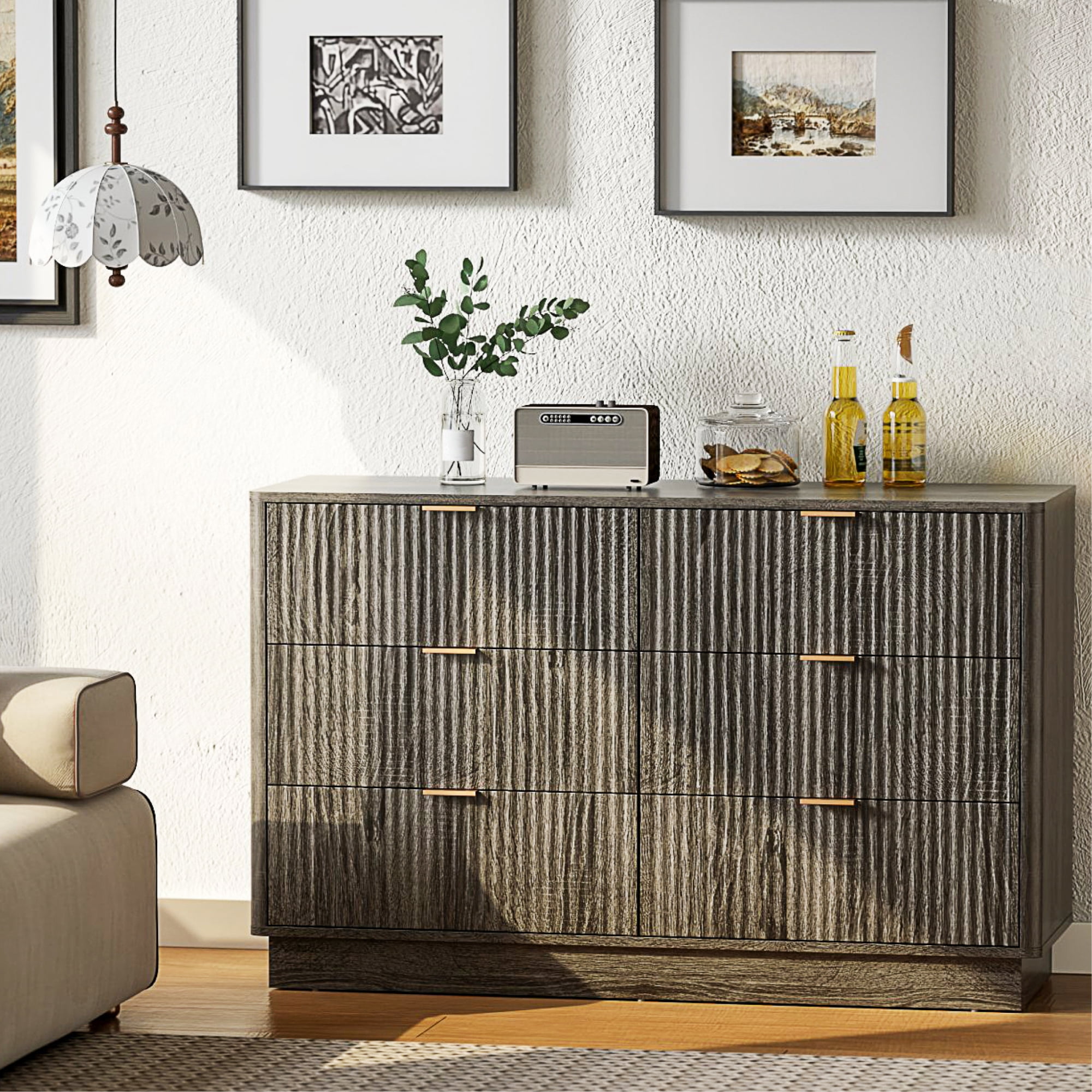 Elegant Fluted 6 Drawer Dresser, Wood Dressers with Round Edge Design ...