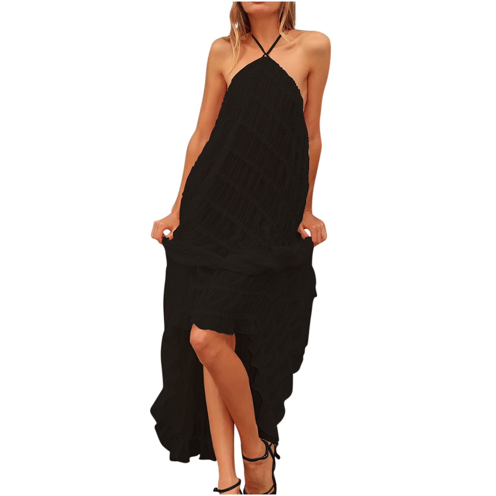 Elegant Formal Dress Asymmetrical Ruffle Maxi Dresses Mesh Halter Neck ...