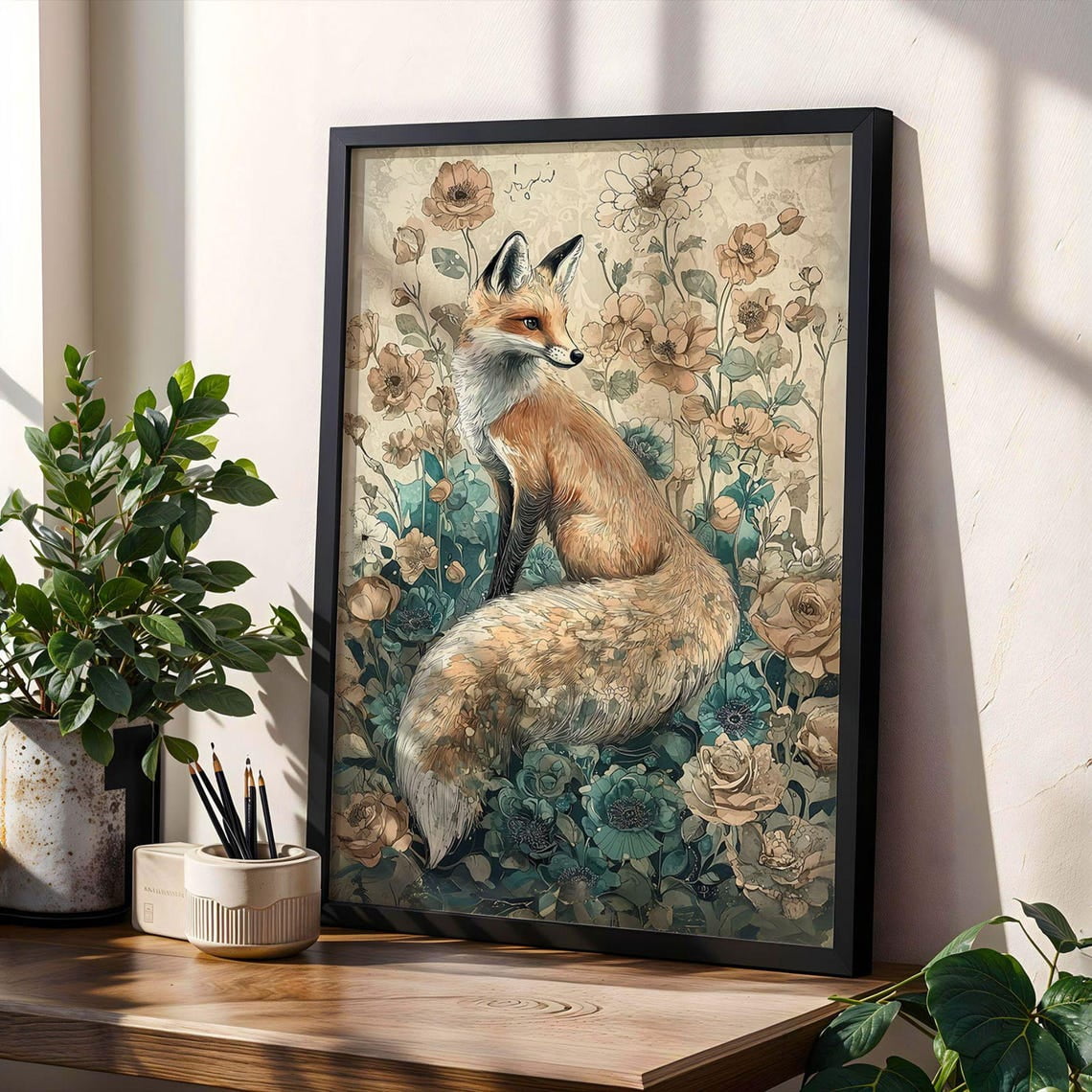 Elegant Fox Wall Art Print Poster Teal and Beige Animal Illustration ...