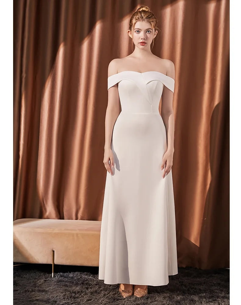 Elegant French Style Off-Shoulder White Wedding Dress Simple Socialite ...