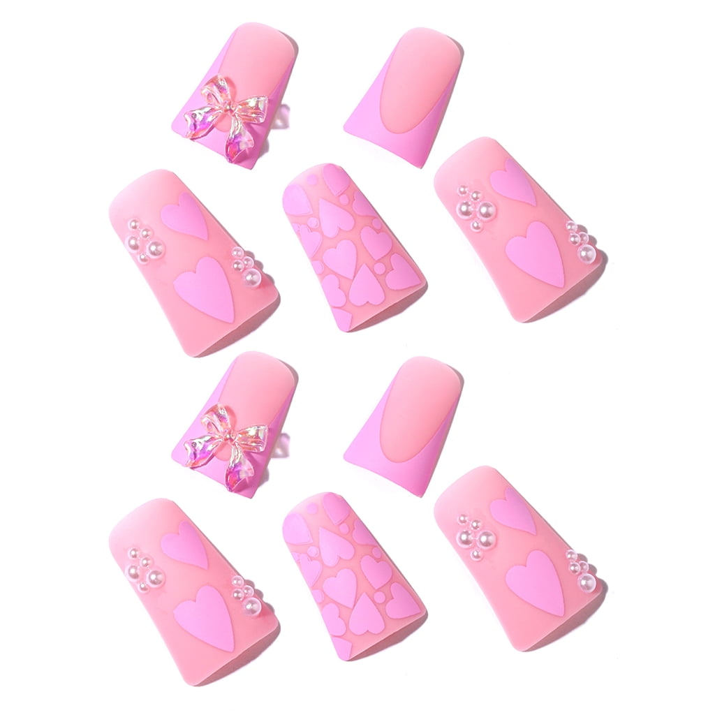 Elegant French Wide False Nails With Hearts And Pearls Bowknot 24Pcs ...