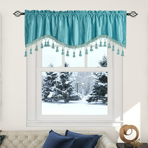 Elegant Fringed Window Curtains | Blue Short Drapes with Tassel Trim ...