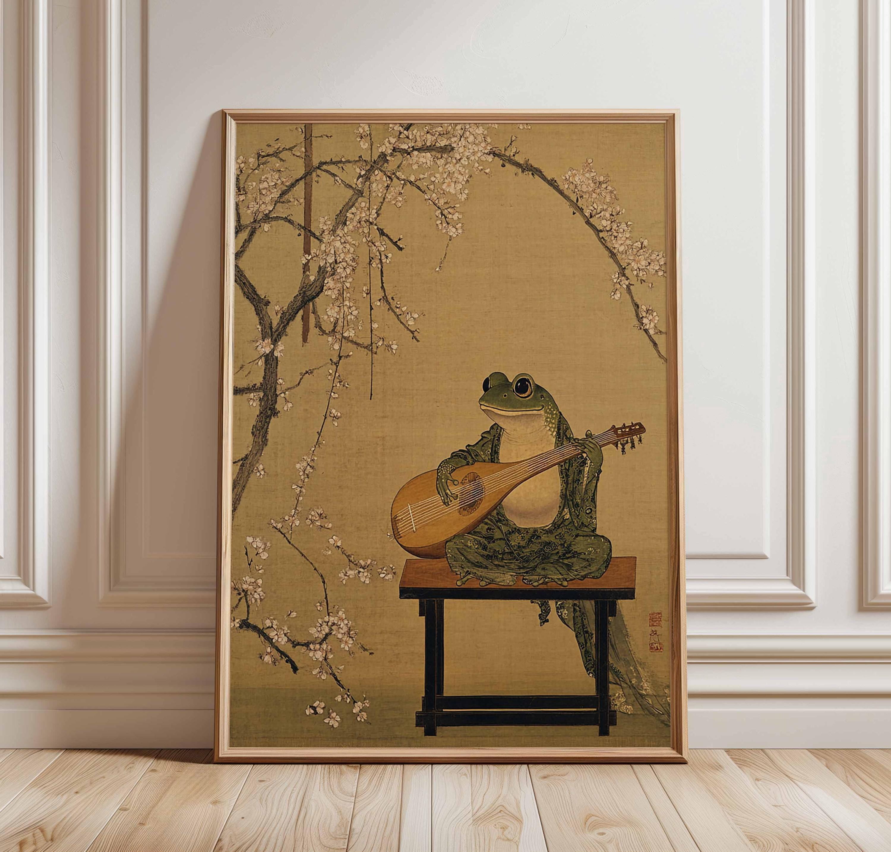 Elegant Frog Musician Poster, Japanese Vintage Frog Art Print, Cherry ...