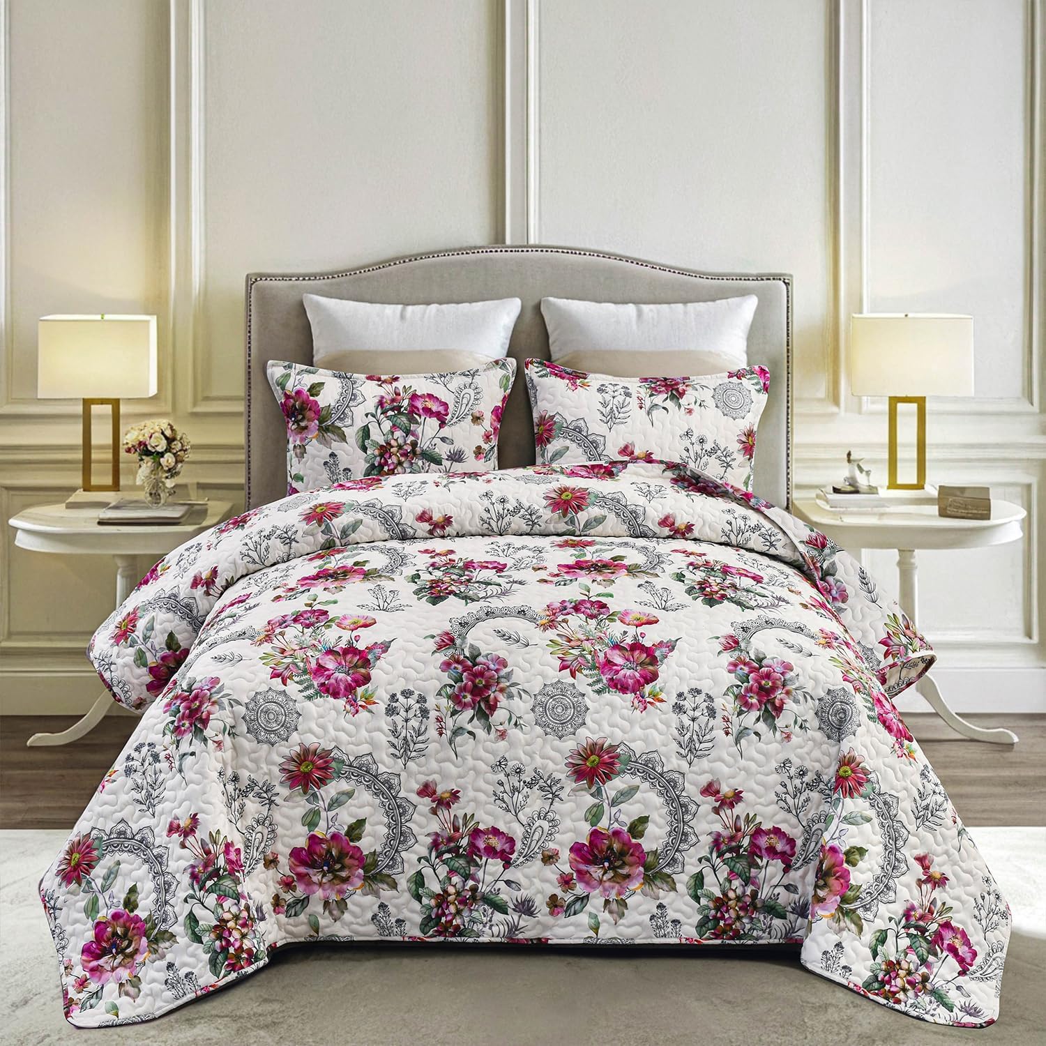 Elegant Fuchsia Floral Printed on White, All Season Lightweight ...