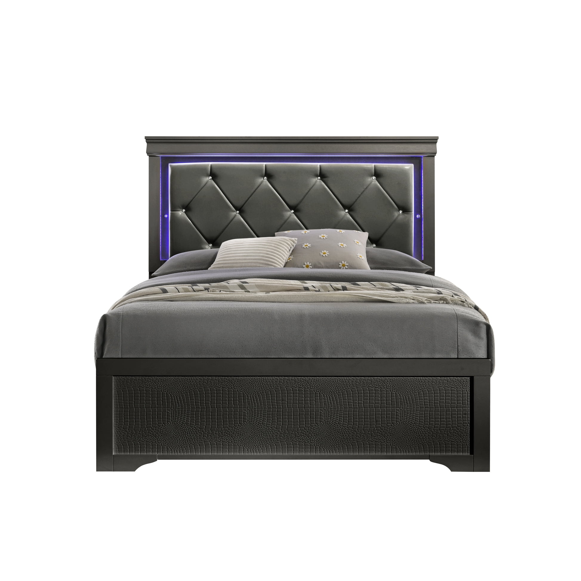 Elegant Full Size Bed With Headboard & Led Lights In Metallic Gray ...